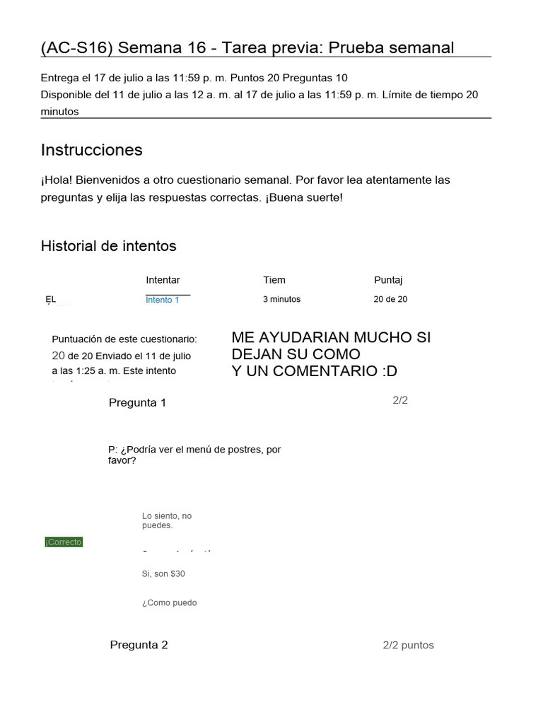 Ac s16 Semana 16 Prueba Semanal Previa A La Tarea Inglés II - Compress | PDF | Alimentos | Cocina