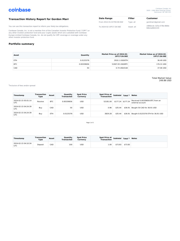 Coinbase Canada Transaction Report | PDF | Bitcoin | United States Dollar