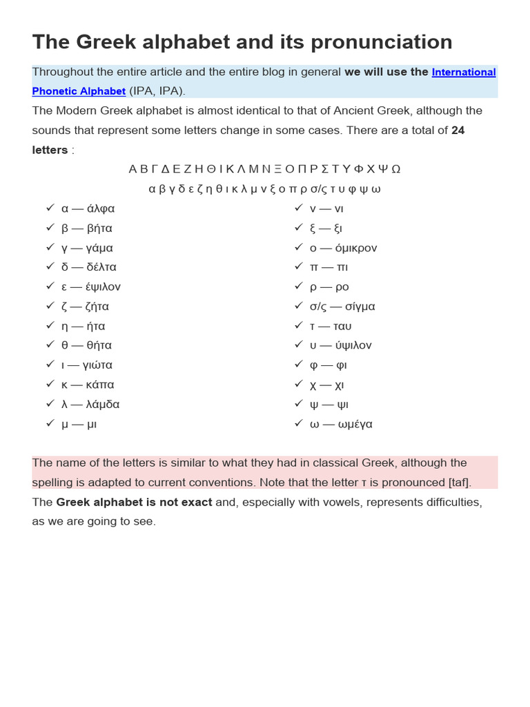 The Greek Alphabet and Its Pronunciation | PDF | Greek Alphabet | Phonetics