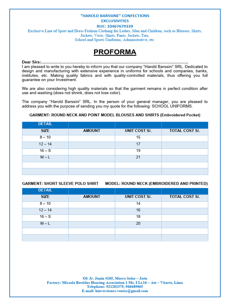 Proforma Clothing | PDF | Blouse | Clothing