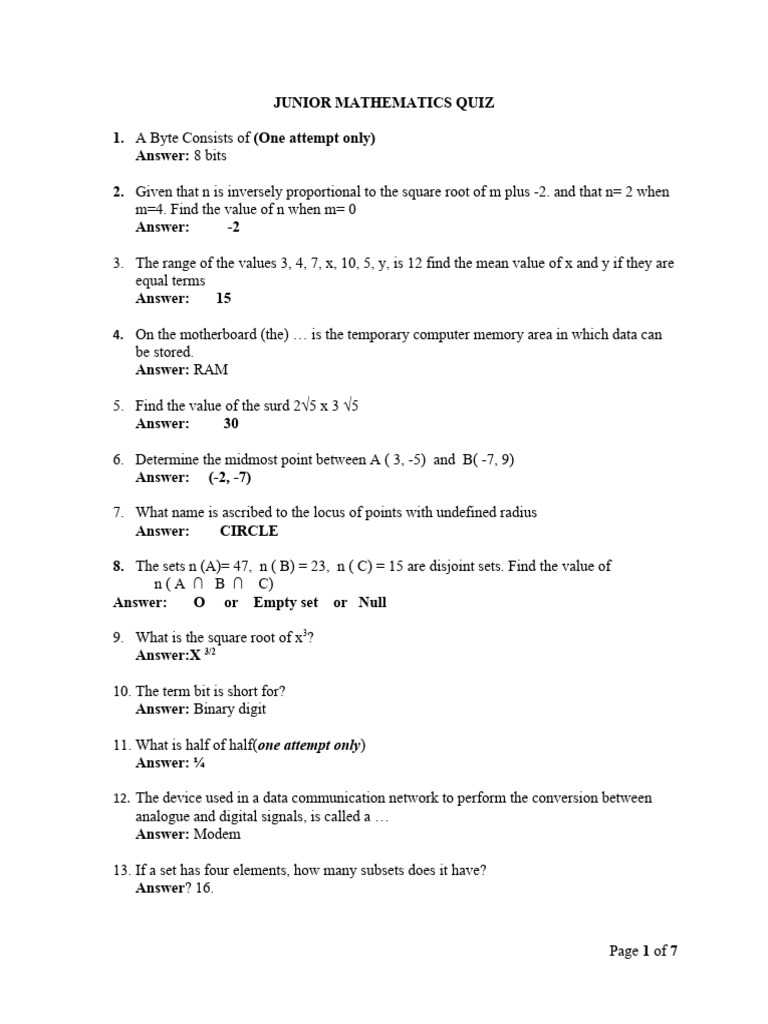 Mathematics Junior Quiz. | PDF | Bit | Area