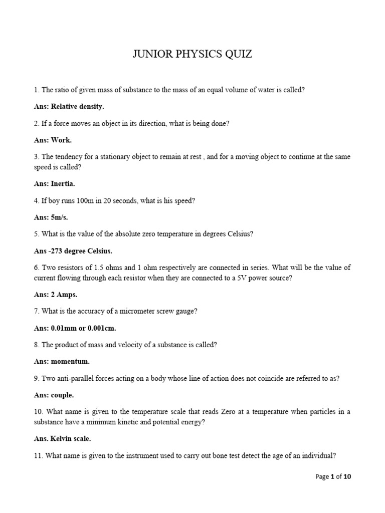 Junior Physics Quiz | PDF | Force | Mass