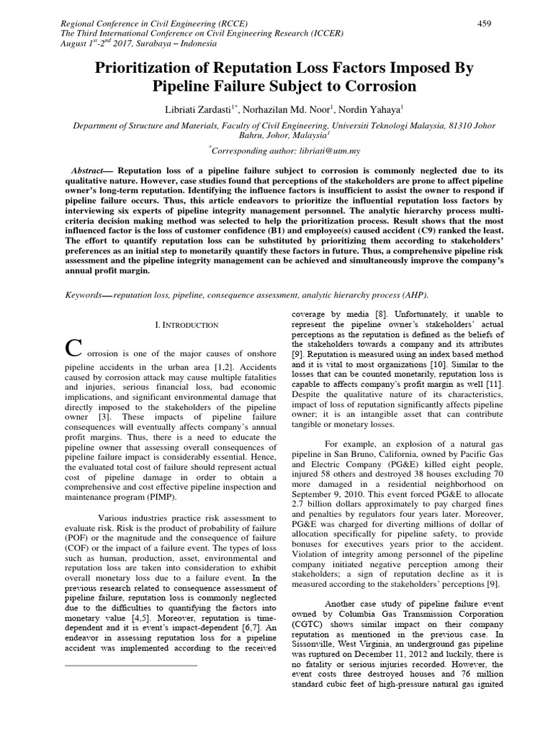 Prioritization of Reputation Loss Factors Imposed by Pipeline Failure ...