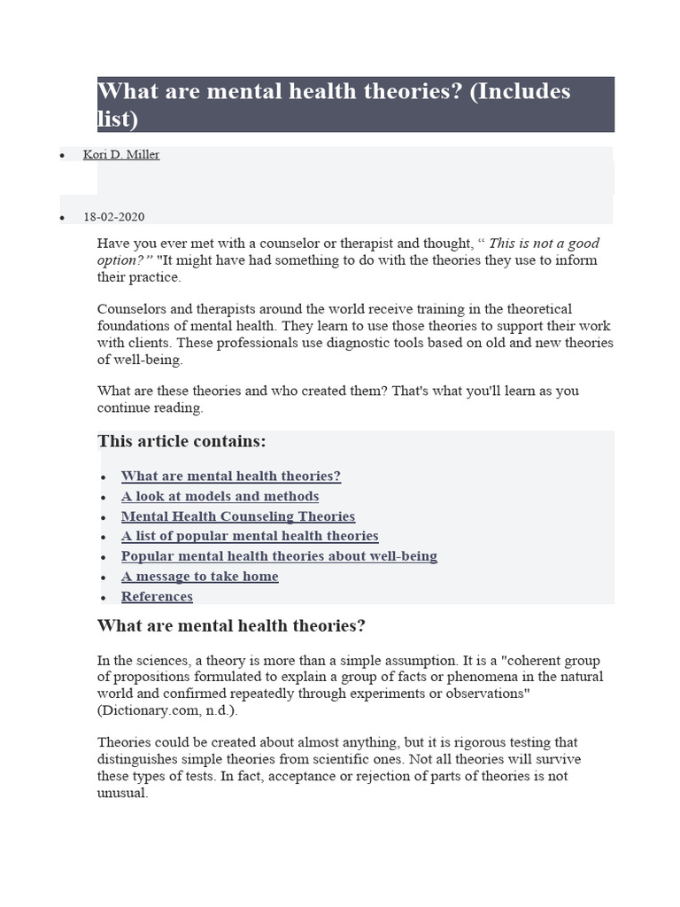 Overview of Mental Health Theories | PDF | Psychotherapy | Mental Disorder