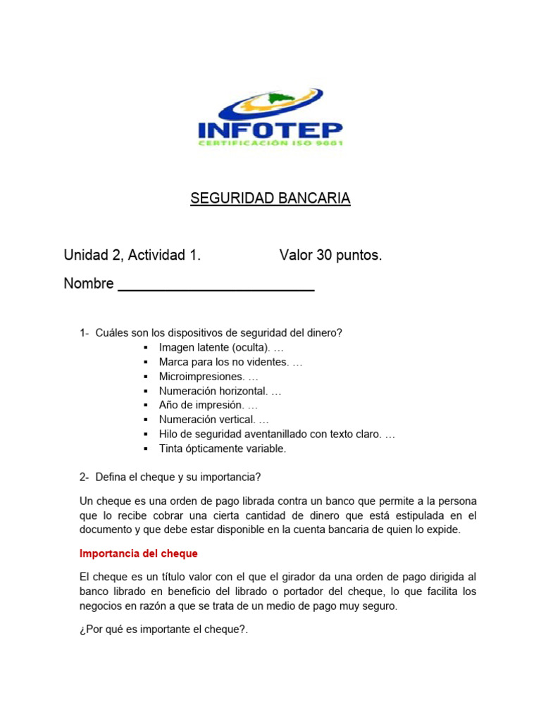 Actividad 1, Unidad 2 Modulo 2 .... | PDF | Dinero | Cheque