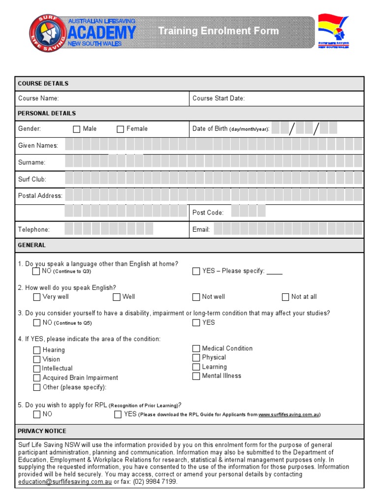 Training Enrolment Form AD201 | PDF | Fee | Disability