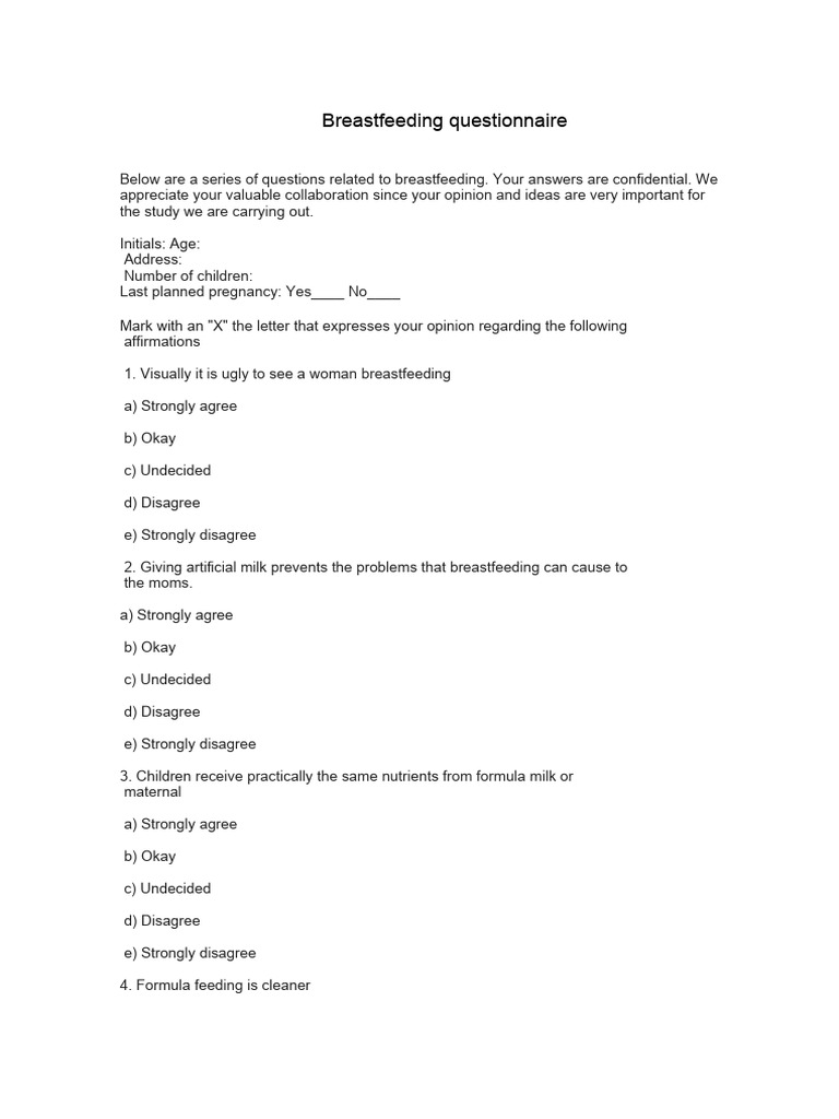 Breastfeeding Questionnaire | PDF | Breastfeeding | Breast Milk