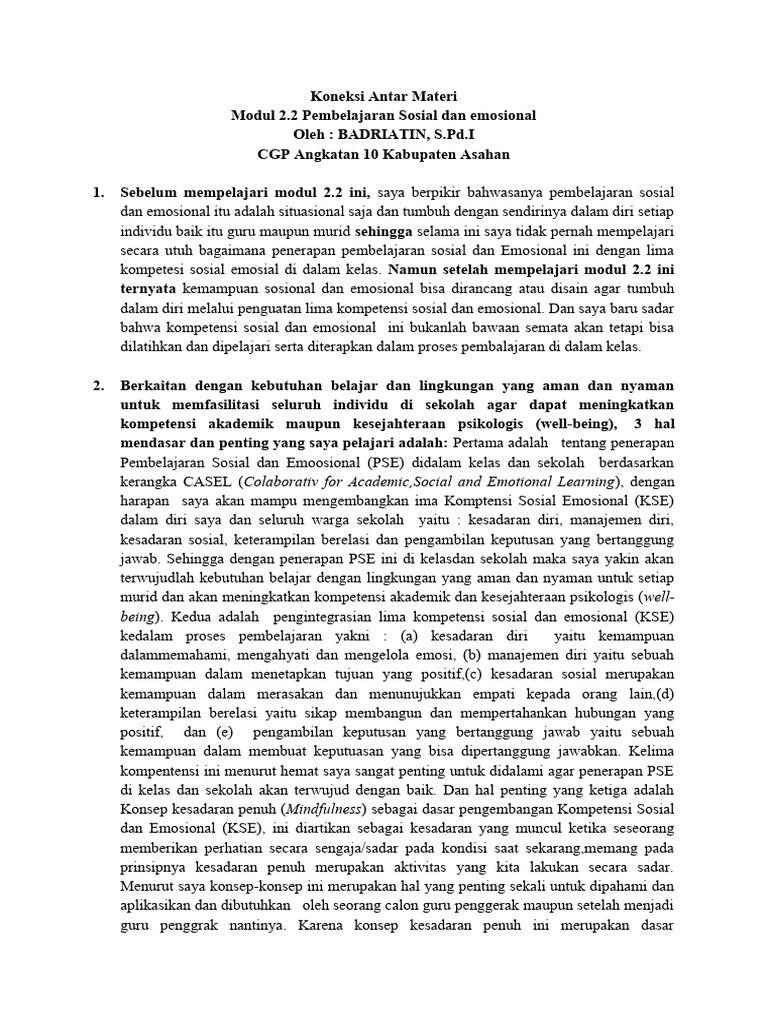 Koneksi Antar Materi Modul 2.2 Pembelajaran Sosial Dan Emosional - Badriatin | PDF | Karier ...