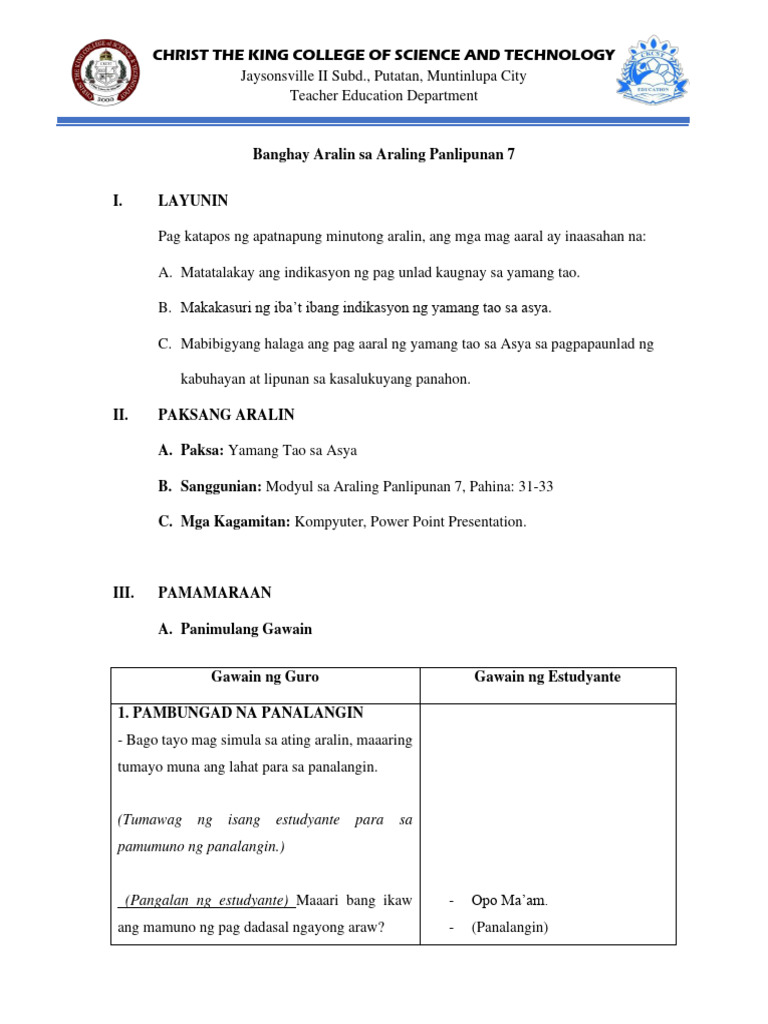 Banghay Aralin Sa Araling Panlipunan 7-YAMANG TAO SA ASYA | PDF