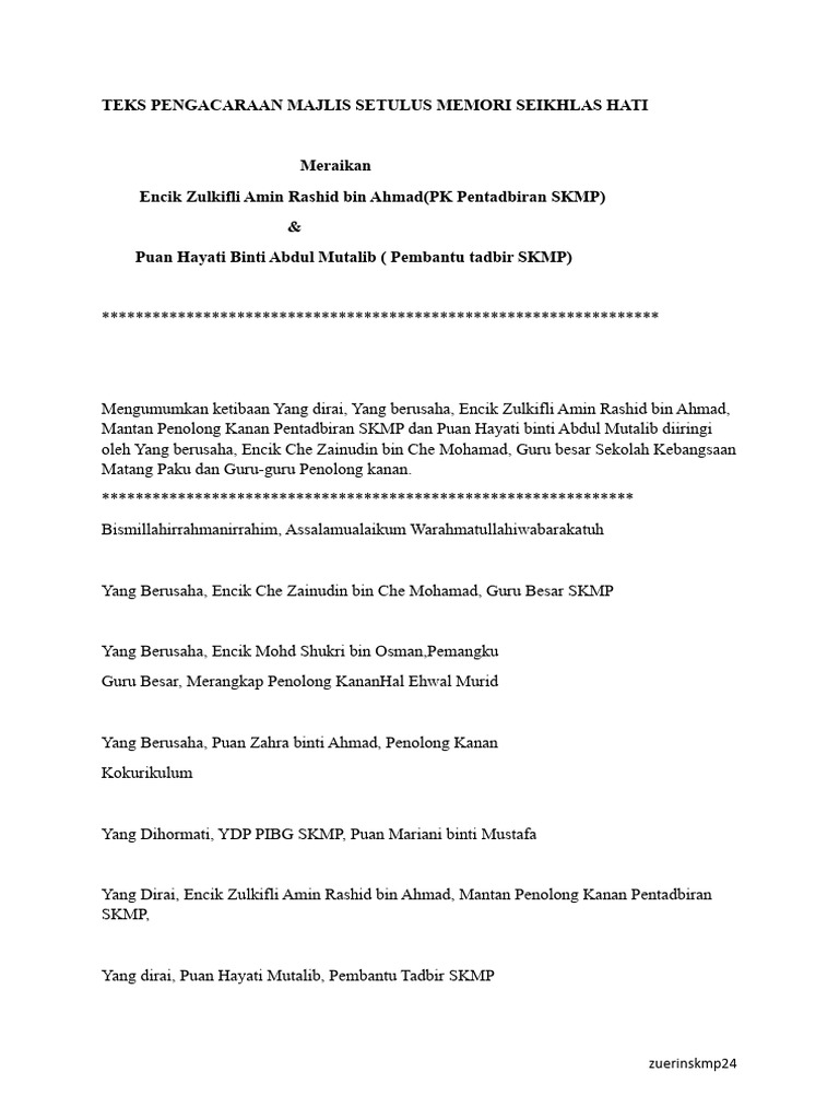 Teks Pengacaraan Majlis Setulus Memori Seikhlas Budi | PDF