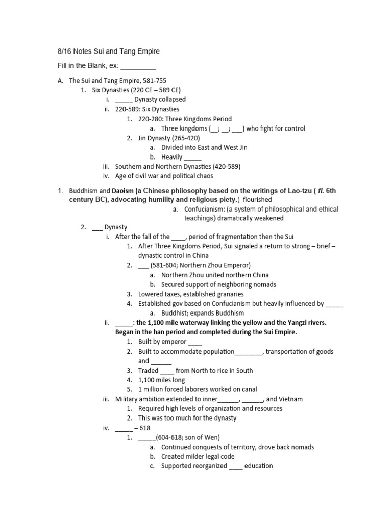 Sui and Tang Notes Fill in The Blanks | PDF | Tang Dynasty | Confucianism