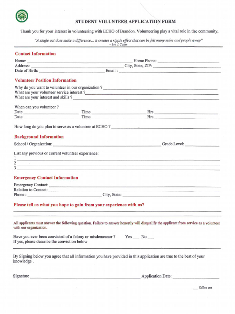 Student Volunteer Application Form | PDF
