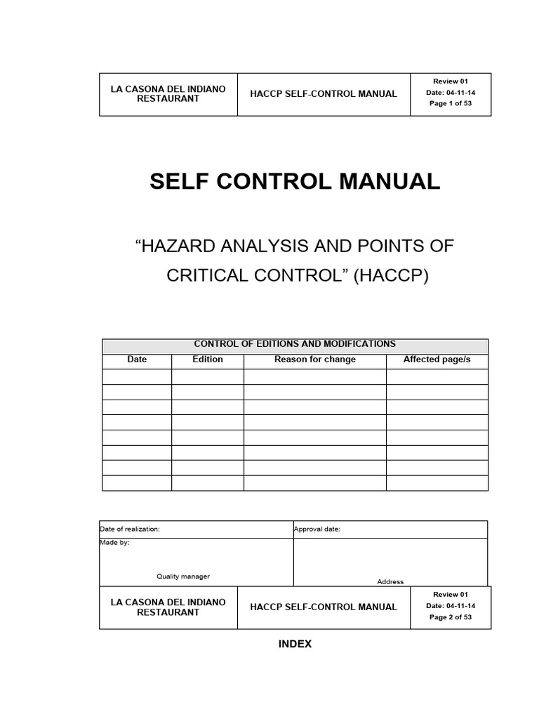 Self-Control Manual "Hazard Analysis and Critical Control Points | PDF ...