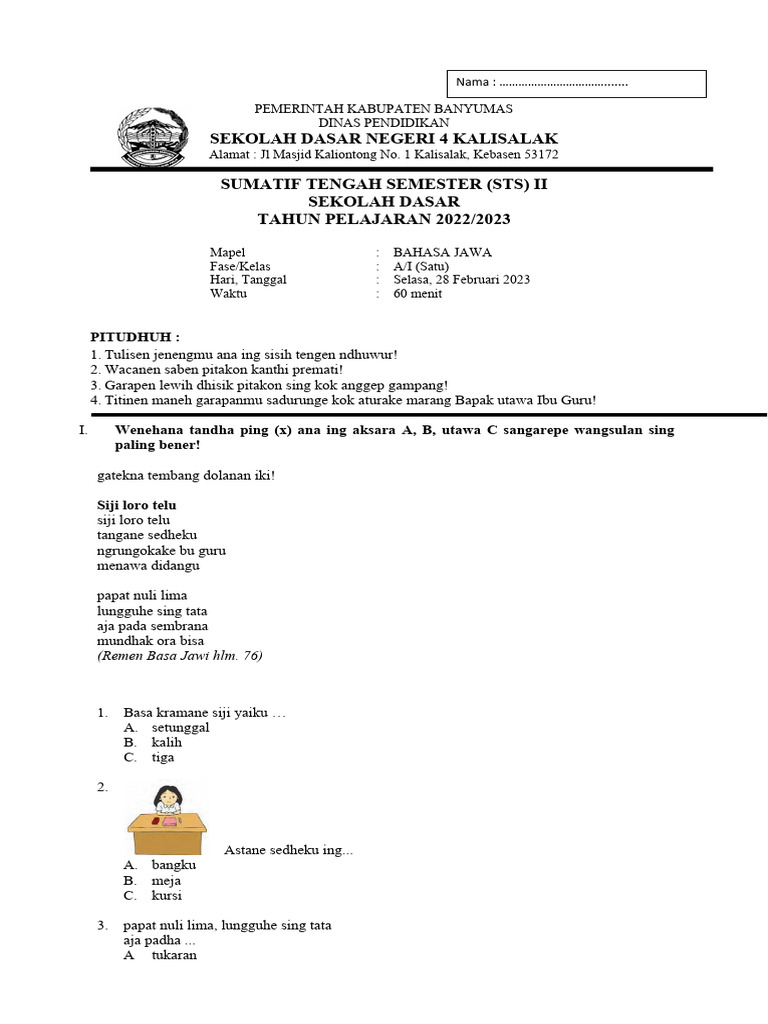 Soal Sts 2 Bhs Jawa Kls 1 TH 22-23 | PDF