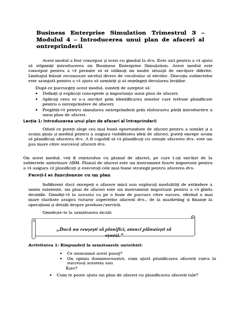 Business Enterprise Simulation Trimestrul 3 - Modulul 4 - Introducerea Unui Plan de Afaceri Al ...