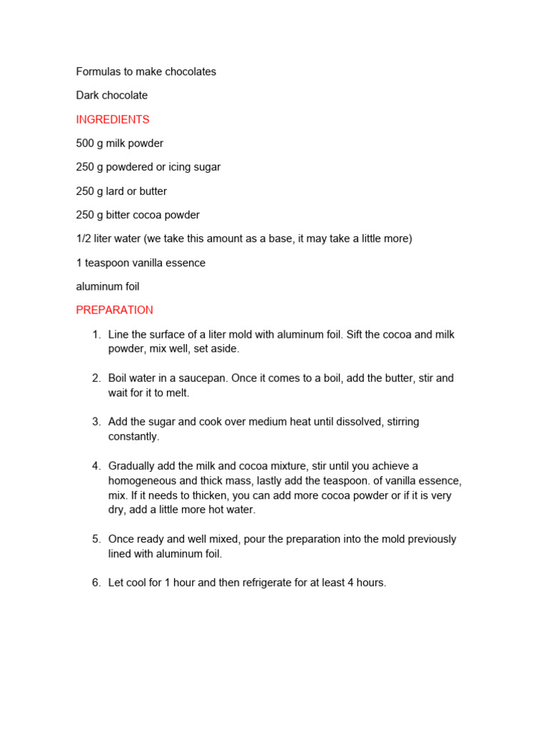 Formulas For Making Chocolates | PDF | Chocolate | Foods
