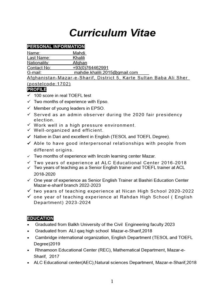 Mahdi Khalili CV - 2 | PDF | English As A Second Or Foreign Language | Learning