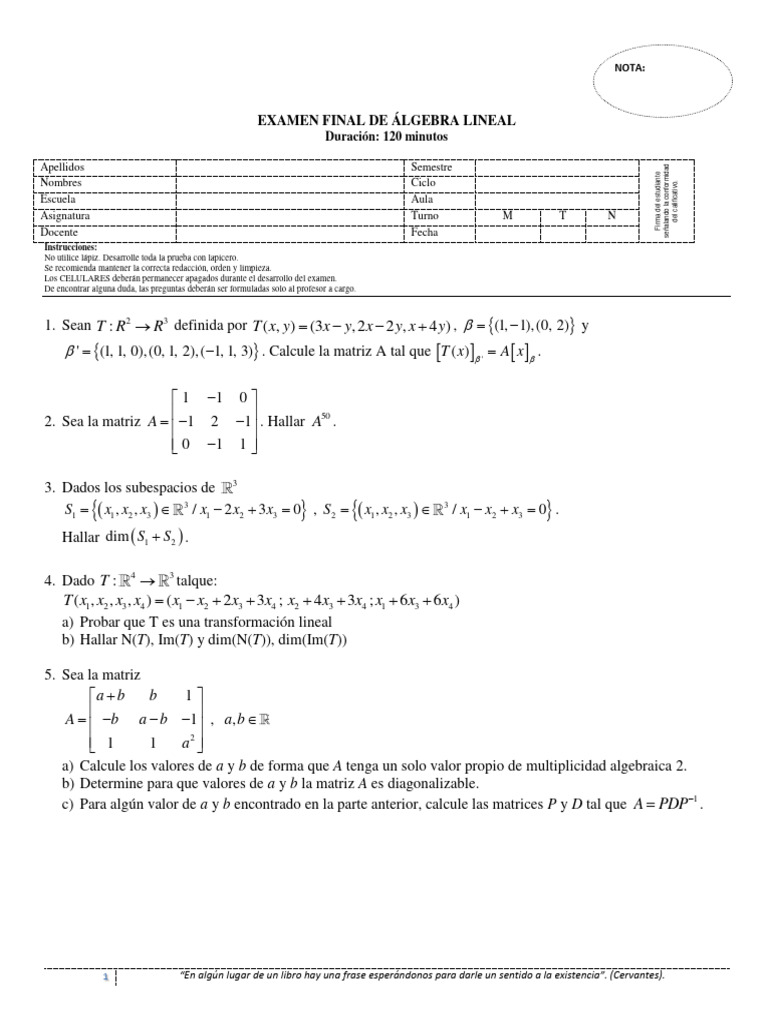 Final Alg Lin | PDF | Matriz (Matemáticas) | Valores propios y vectores ...