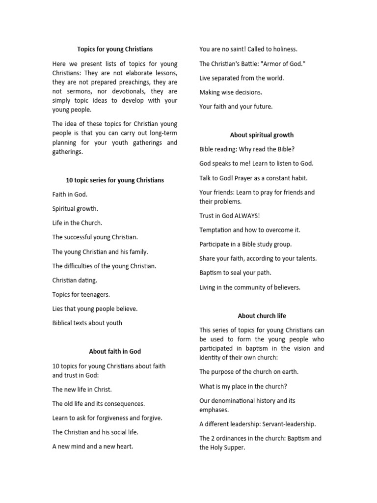 Topics For Young Christians | PDF | Christian Church | Adolescence