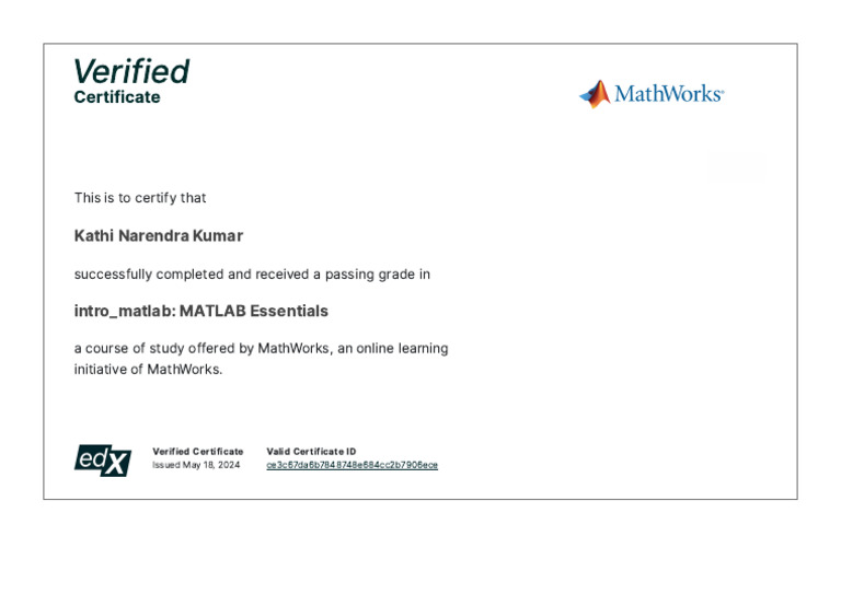 MATLAB Essentials Certificate for Kathi Kumar | PDF | Business | Computers
