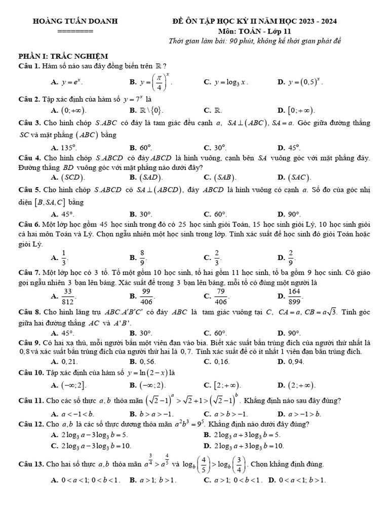 Đề ôn tập HKII-Toán 11 | PDF