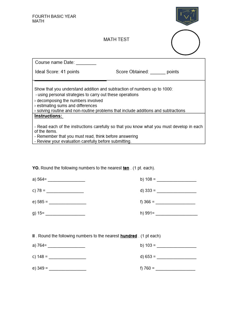 4th Grade Mathematical Test | PDF | Mathematics