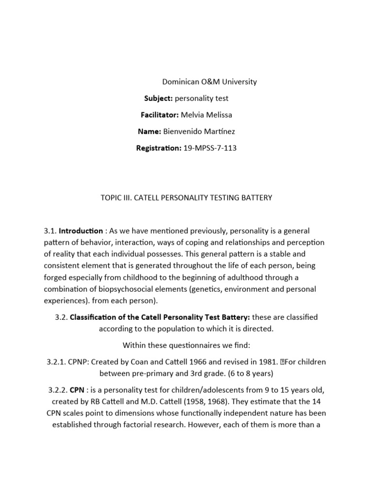 Personality Test Battery. Welcome Martinez | PDF | Psychological ...