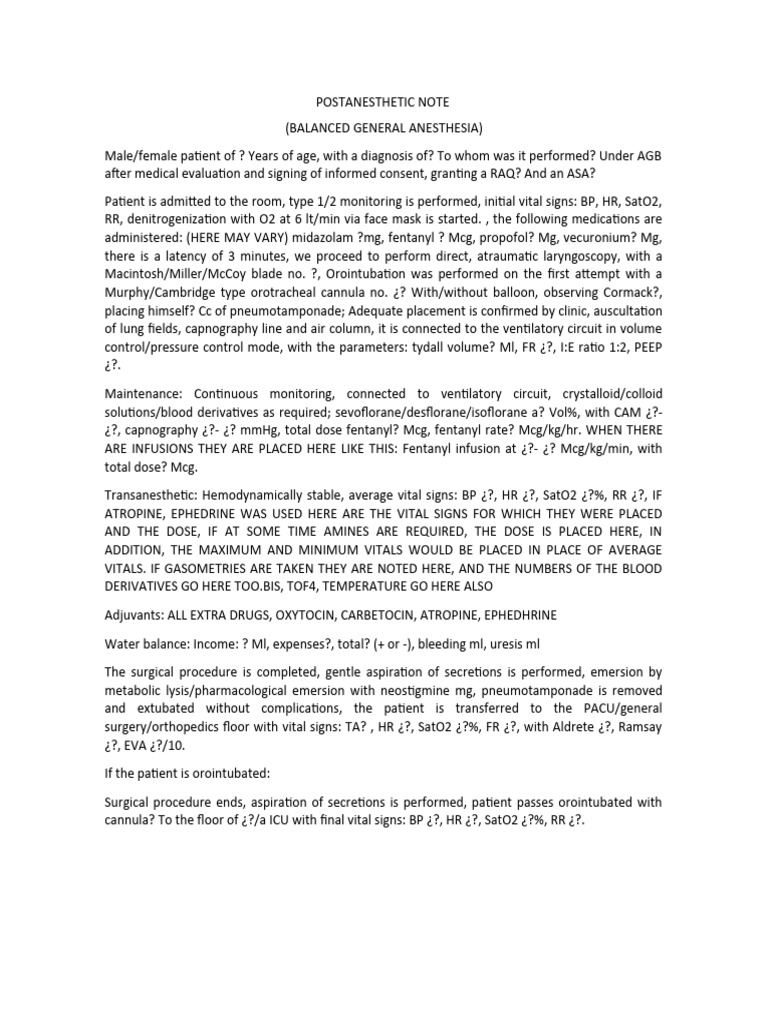 Postanesthesia Note | PDF | Anesthesia | Medicine
