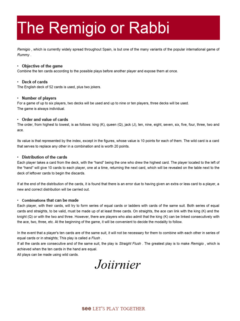 Regulation El Remigio or Rabbi | PDF | Rummy | Tabletop Games