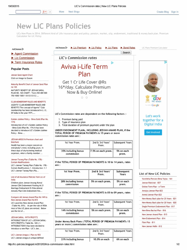 LIC's Commission Rates - New LIC Plans Policies | PDF