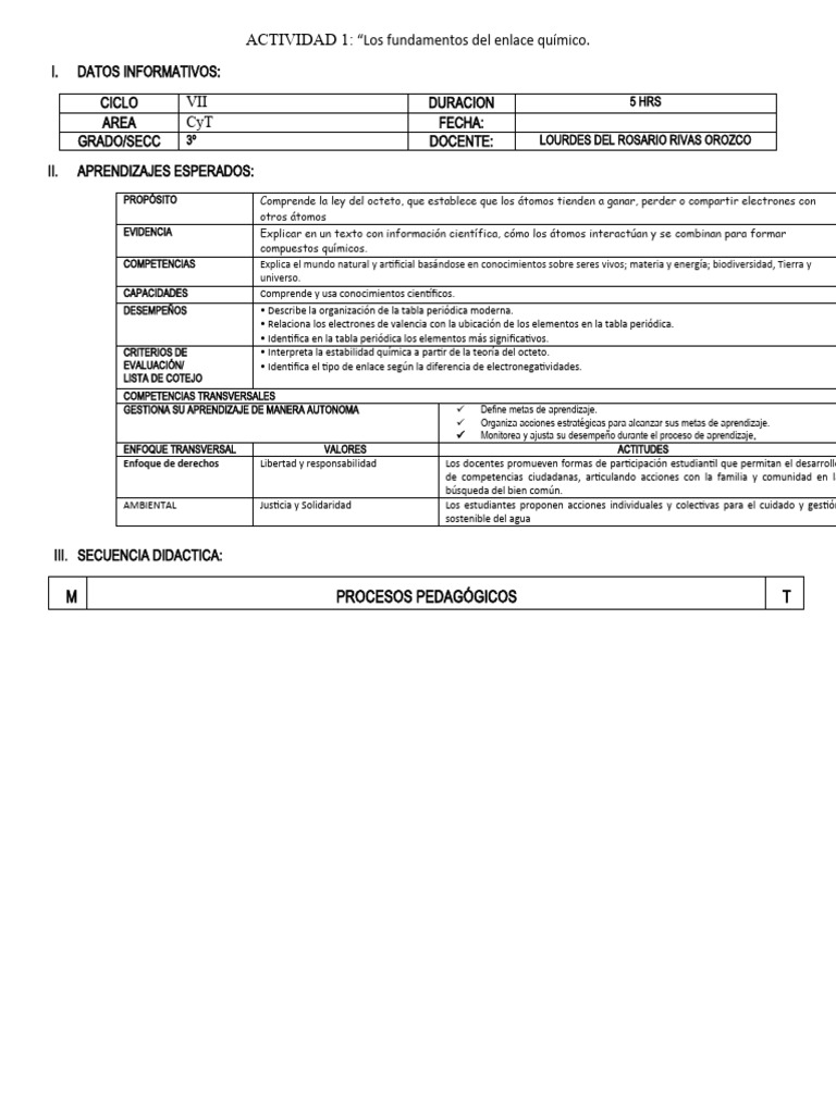A-3º Ses Act 1-Cyt-Und 4 - Sem 1 | PDF | Enlace químico | Compuestos químicos