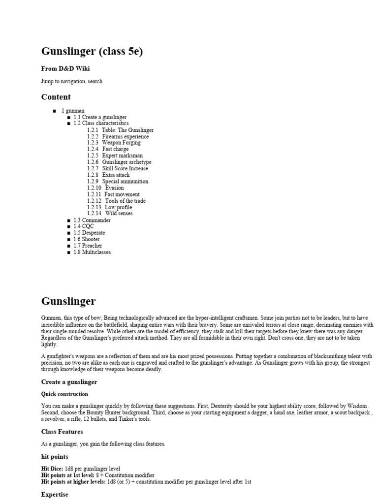 Gunslinger (Class 5e) - D&D Wiki | PDF | Gunfighter