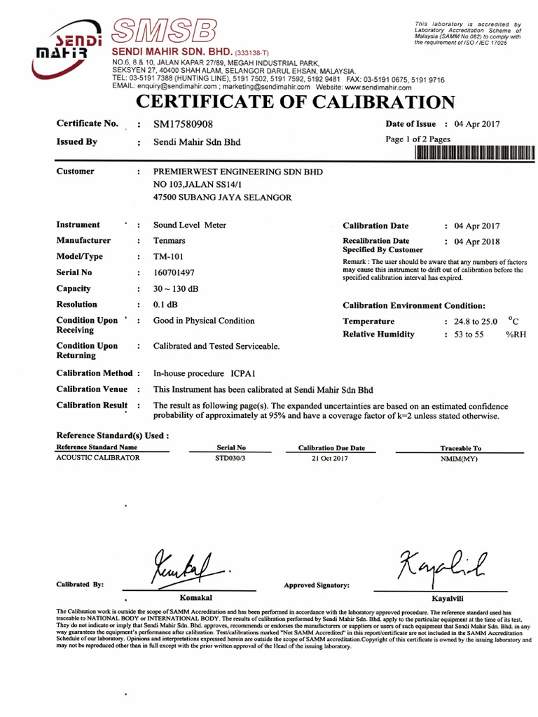 Calibration Certificate For Tenmars Sound Meter TM-101 | PDF
