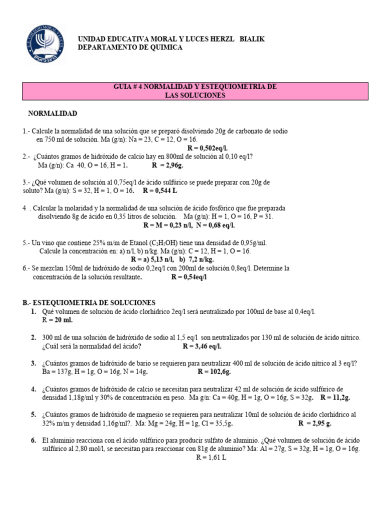 Guia de Normalidad y Estequiom Soluciones 23-24 | PDF | Ácido | Concentración