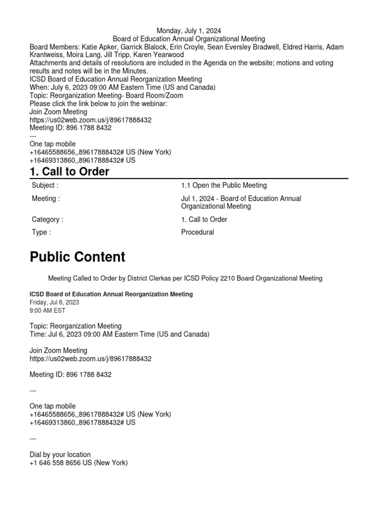 ICSD BOE - Board of Education Annual Organizational Meeting-07-01-2024 | PDF | Oath Of Office ...