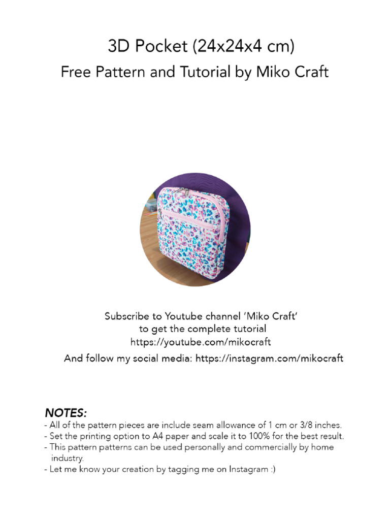 3D Pocket (24x24x4 cm) - Free Pattern and Tutorial by Miko Craft | PDF