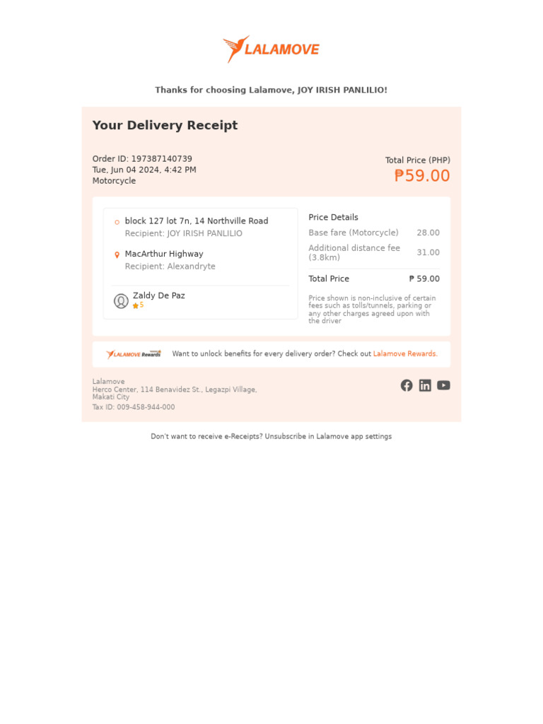 Lalamove Delivery Receipt Details | PDF