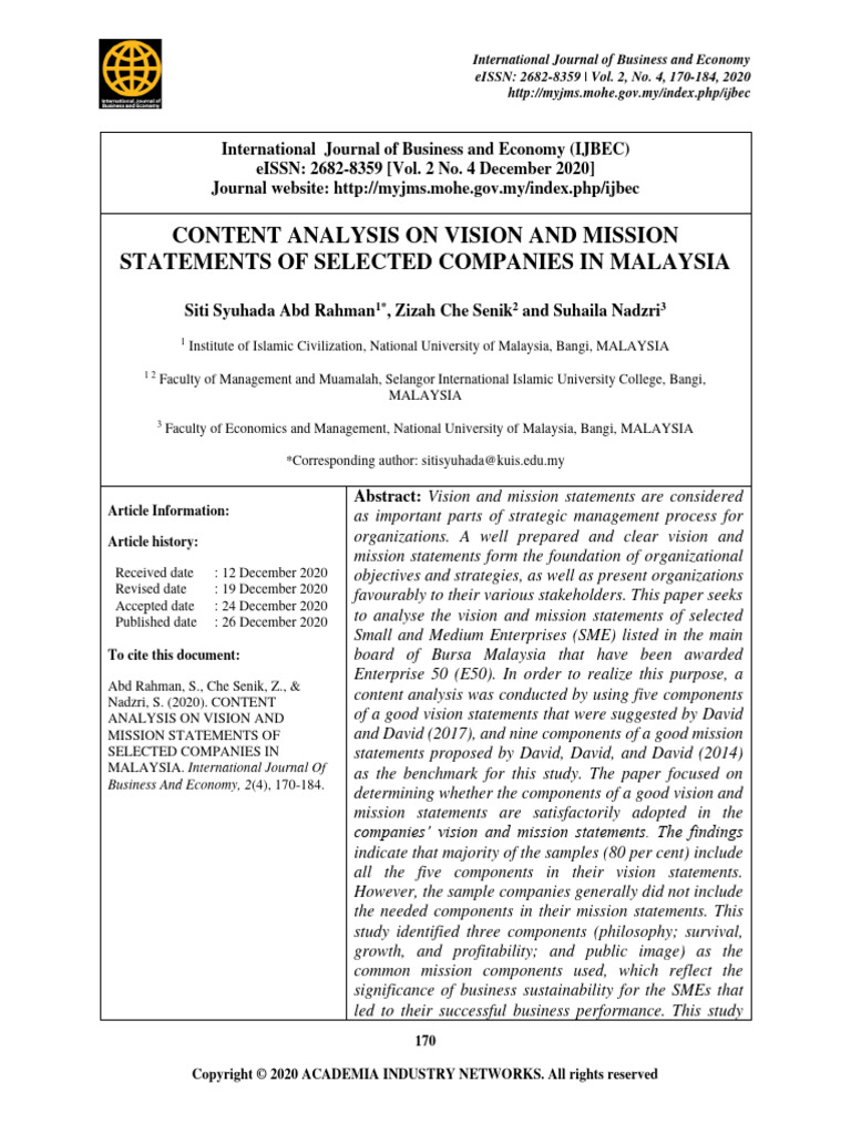 Content Analysis On Vision and Mission Statements of Selected Companies ...