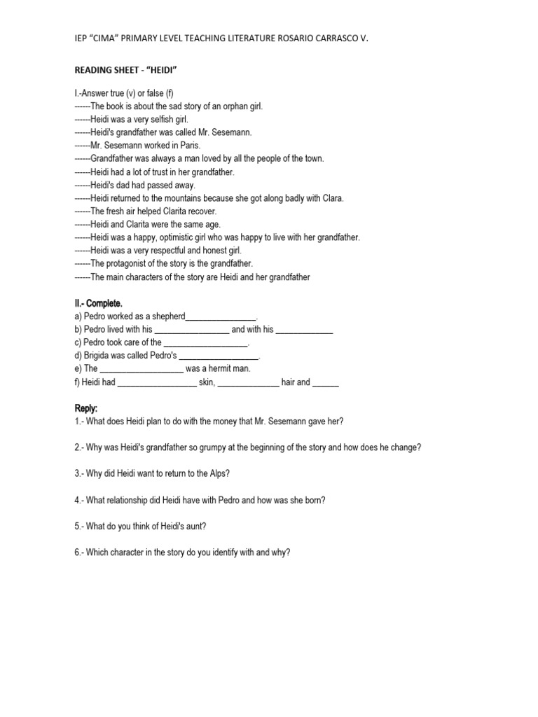 Heidi Reading Comprehension | PDF | Heidi