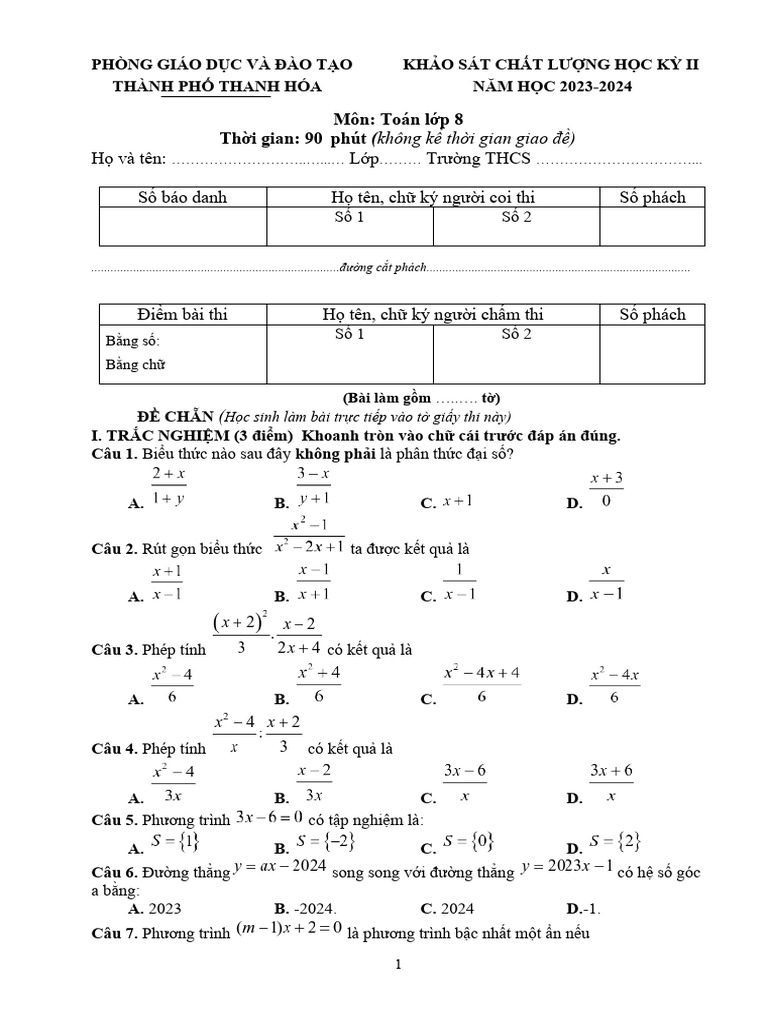 8.1. ĐỀ CHẴN + HDC TOÁN 8 HK 2 (2023-2024) | PDF