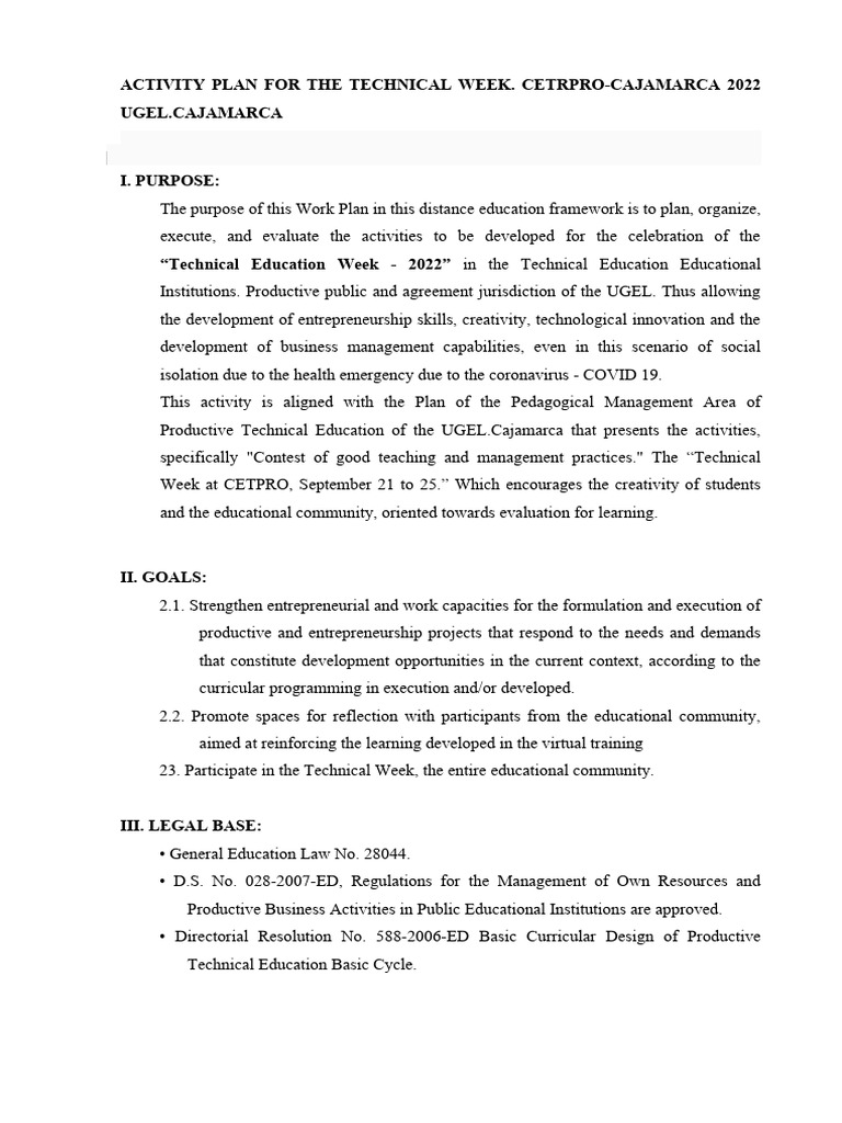 Technical Week Activity Plan | PDF | Entrepreneurship | Vocational ...