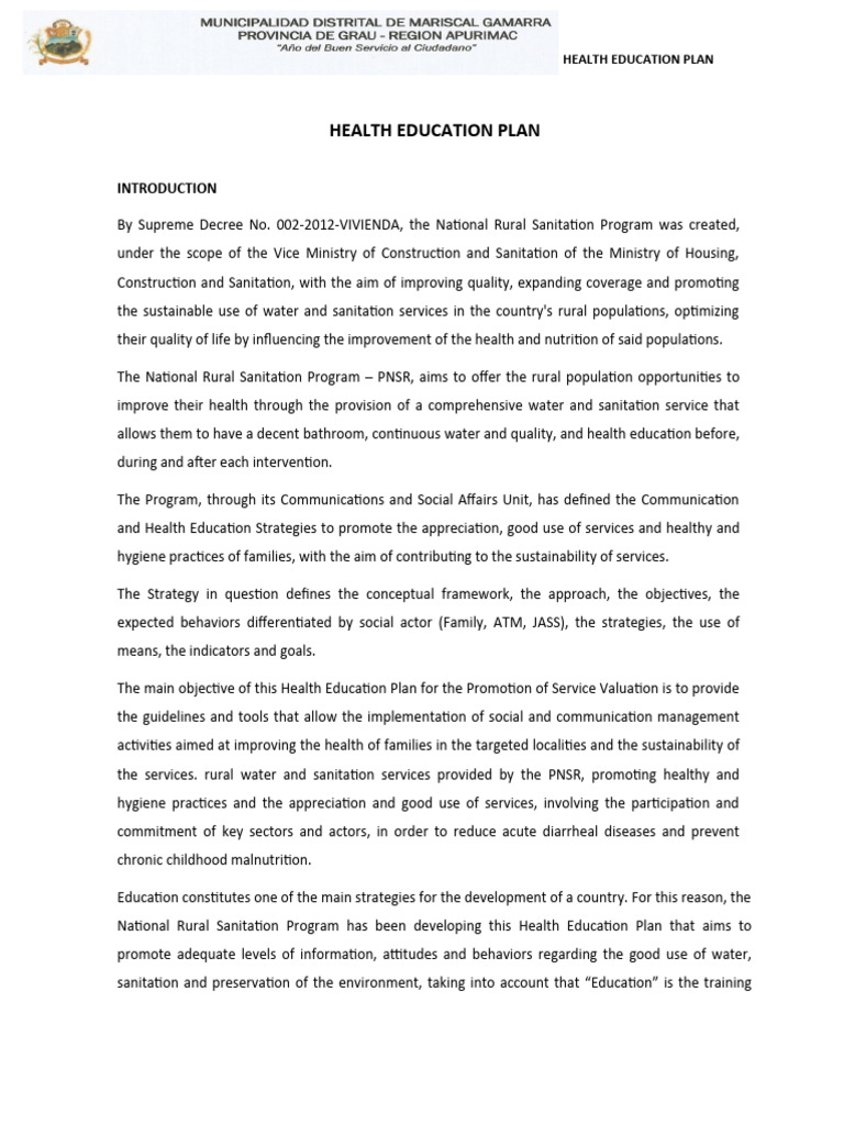 Health Education Plan | PDF | Sanitation | Wash