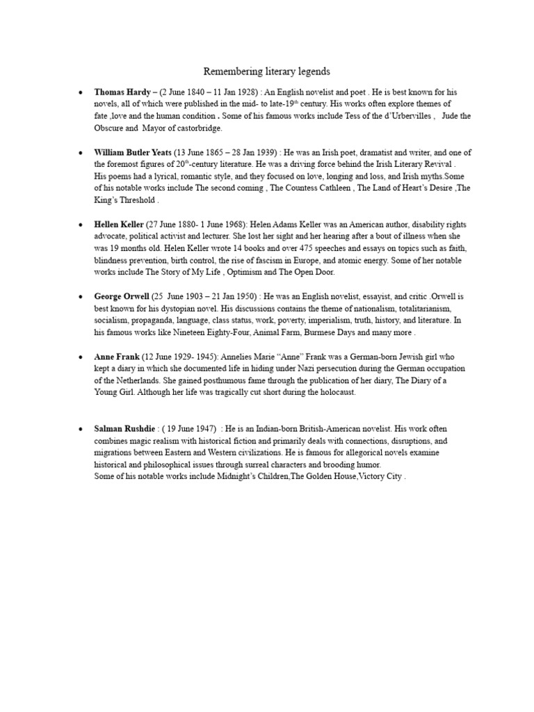 Remembering Literary Legends-1 | PDF | George Orwell | Helen Keller