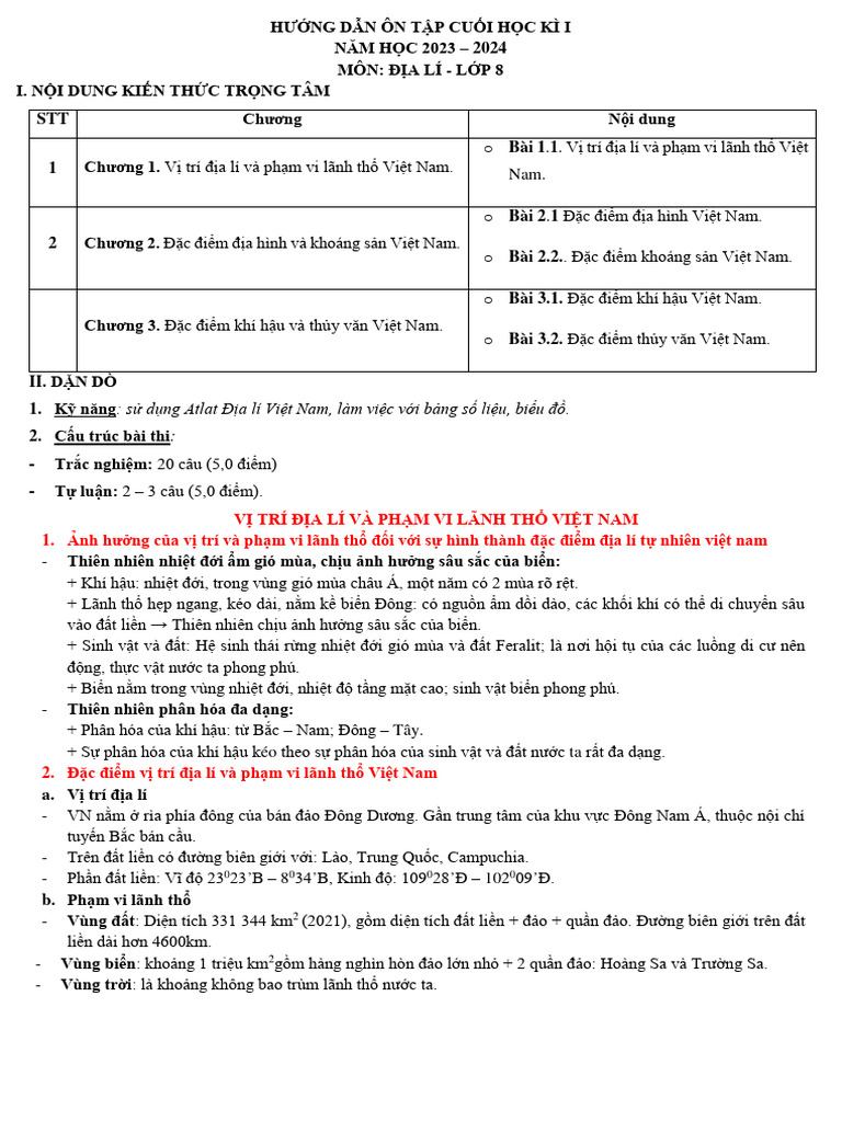 Địa Lí 8 - Hướng Dẫn Ôn Tập Chi Tiết - HK1 | PDF