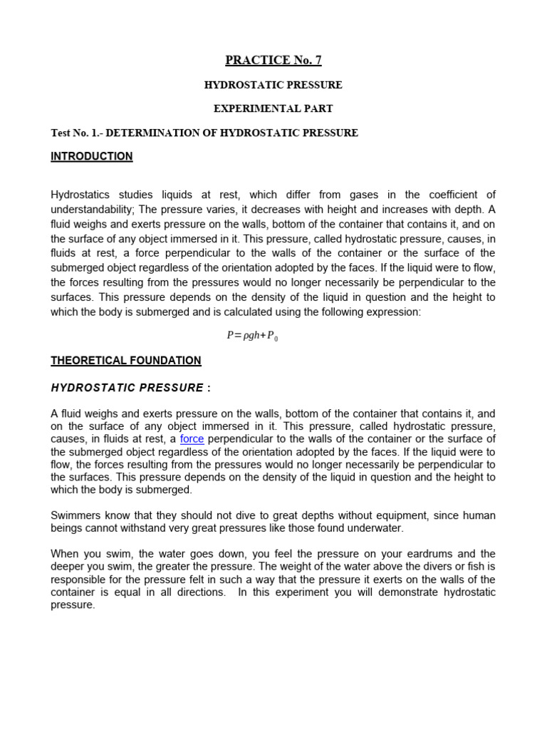 Report 7 Hydrostatic Pressure Lab Fis 102 | Download Free PDF | Pressure | Buoyancy