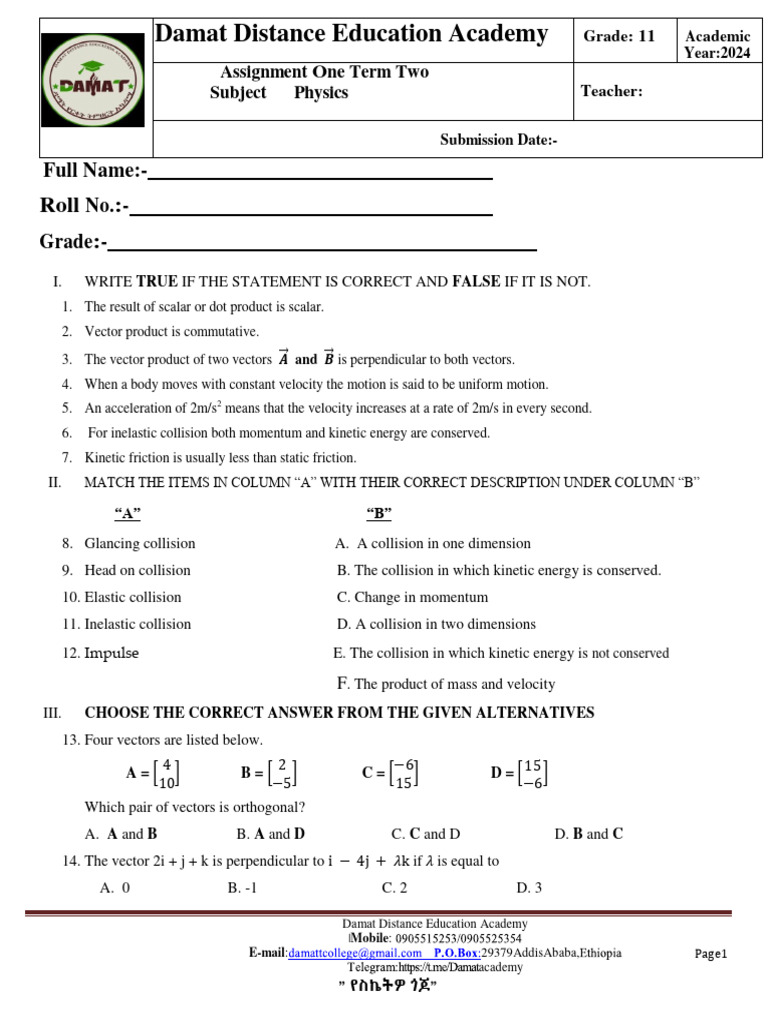 Physics Grade 11 Asiegnment | PDF | Collision | Velocity