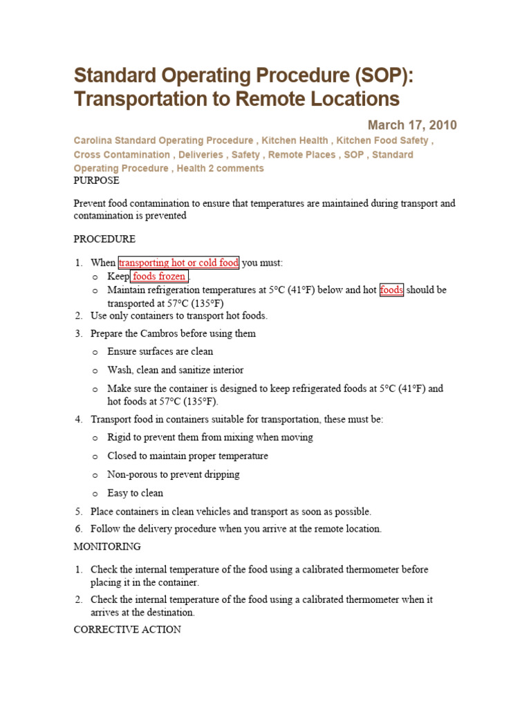 Transportation Standard Operating Procedure | PDF
