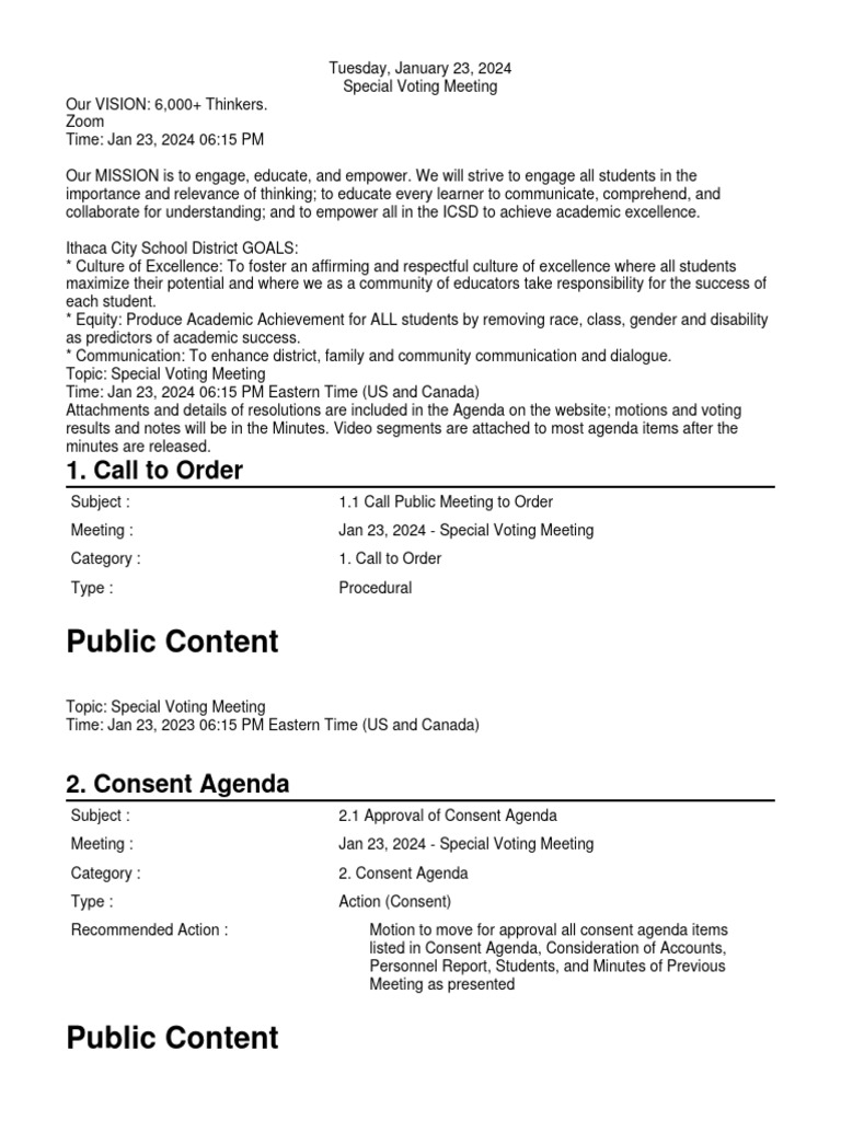 ICSD BOE - Special Voting Meeting-01-23-2024 | PDF | Consent