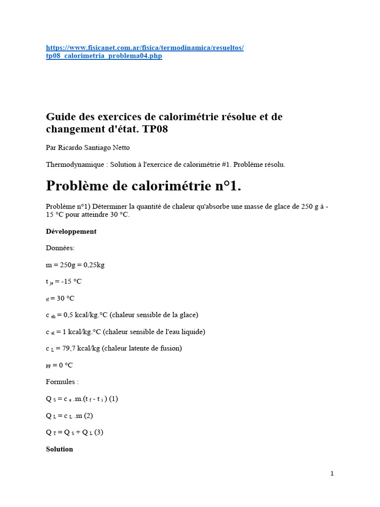 Guide de Calorimétrie Et Changement D'état Exercices Résolus | PDF ...