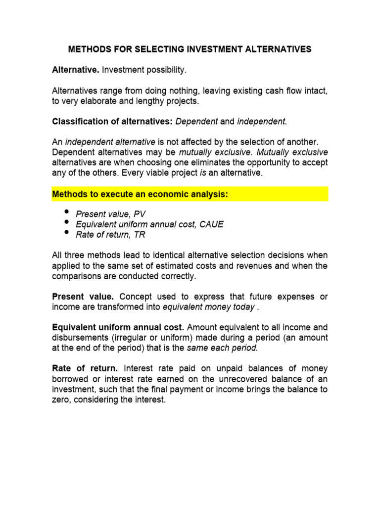 Investment Alternative Selection Methods | PDF | Present Value | Interest